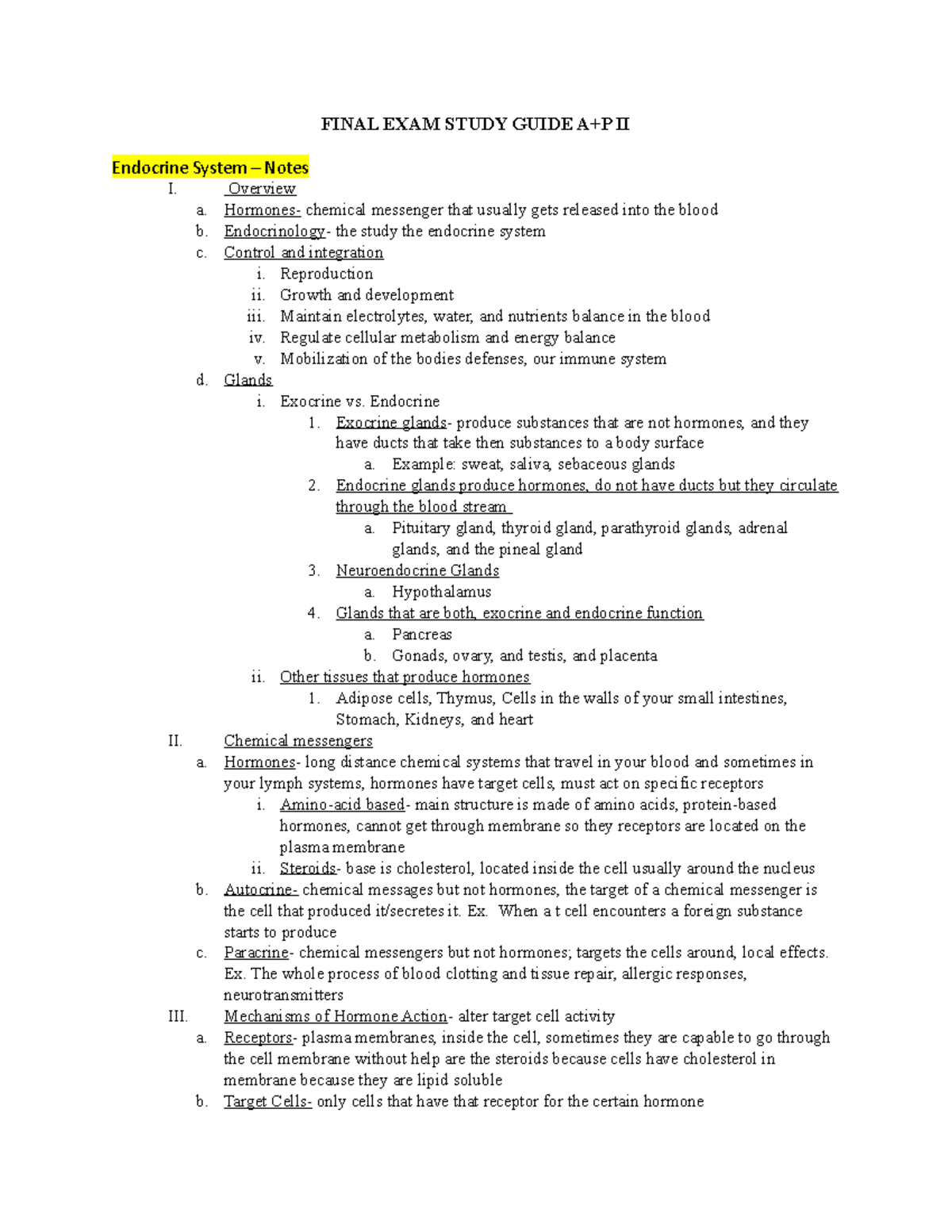 Final Exam Study Guide AP2 - FINAL EXAM STUDY GUIDE A+P II Endocrine ...