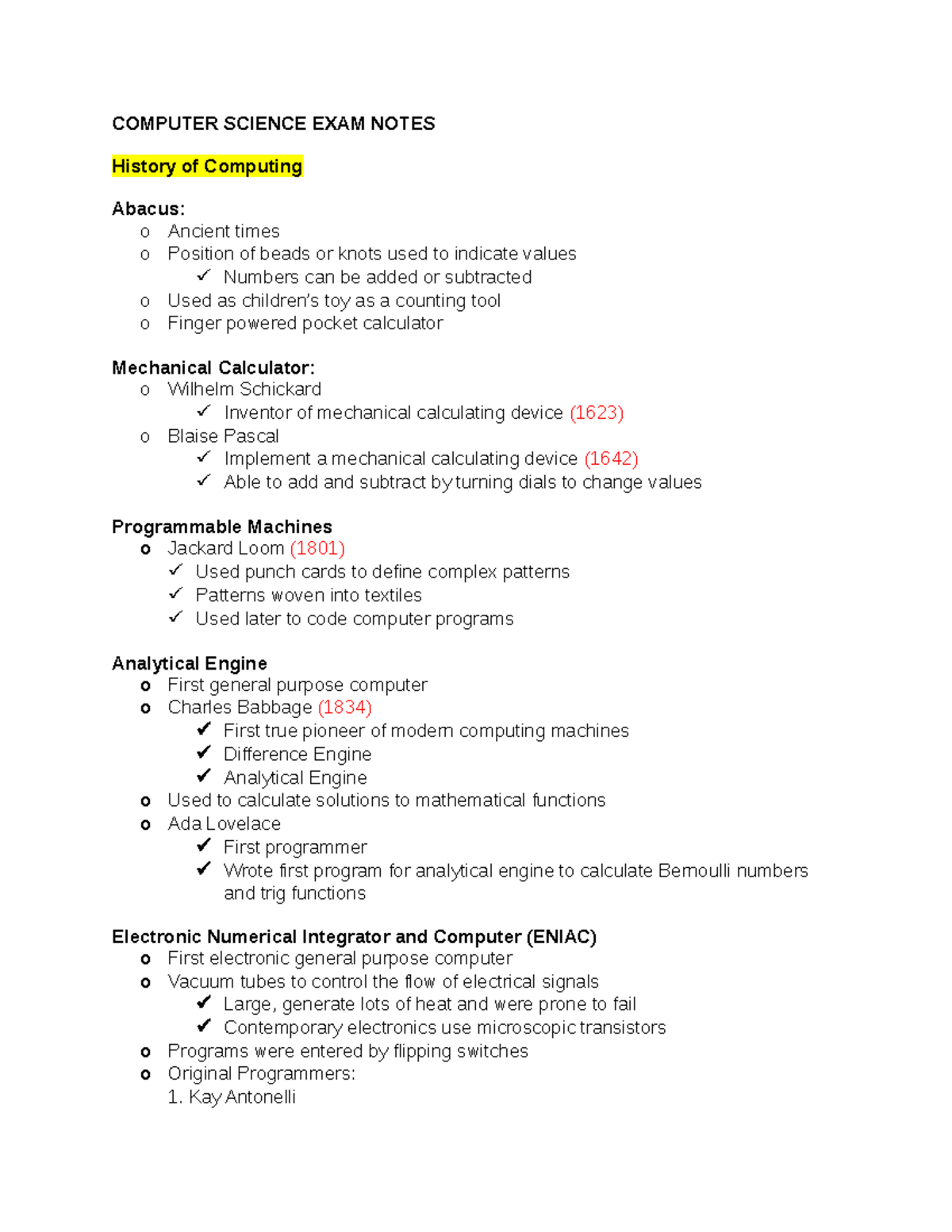 Computer Science Review Computer Science Exam Notes History Of Computing Abacus O Ancient 