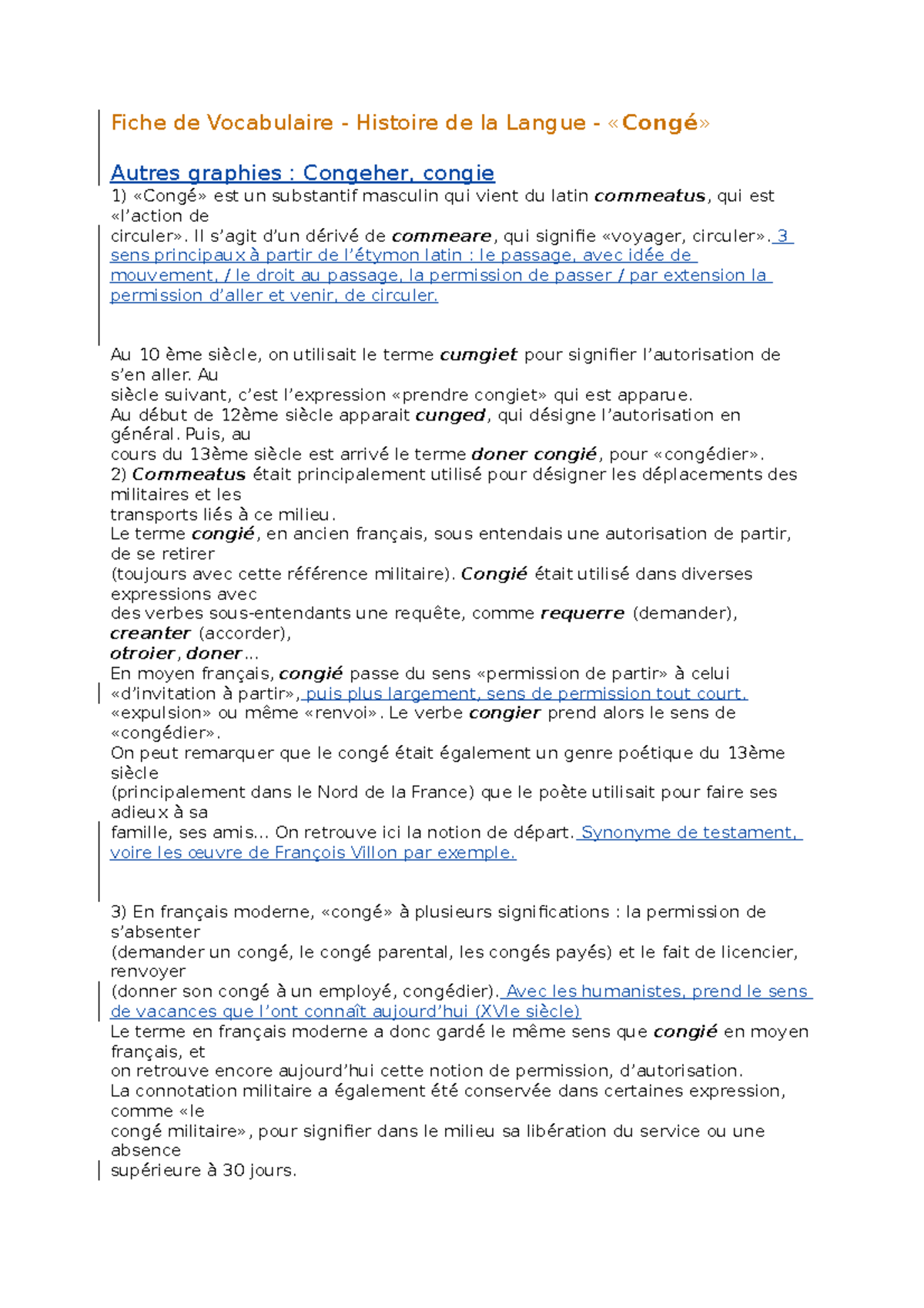 Conge - Fiche de Vocabulaire - Histoire de la Langue - «Congé» Autres ...