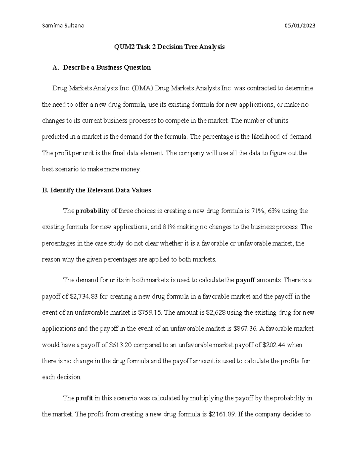 QUM2 Task 2 Decision Tree Analysis - QUM2 Task 2 Decision Tree Analysis ...