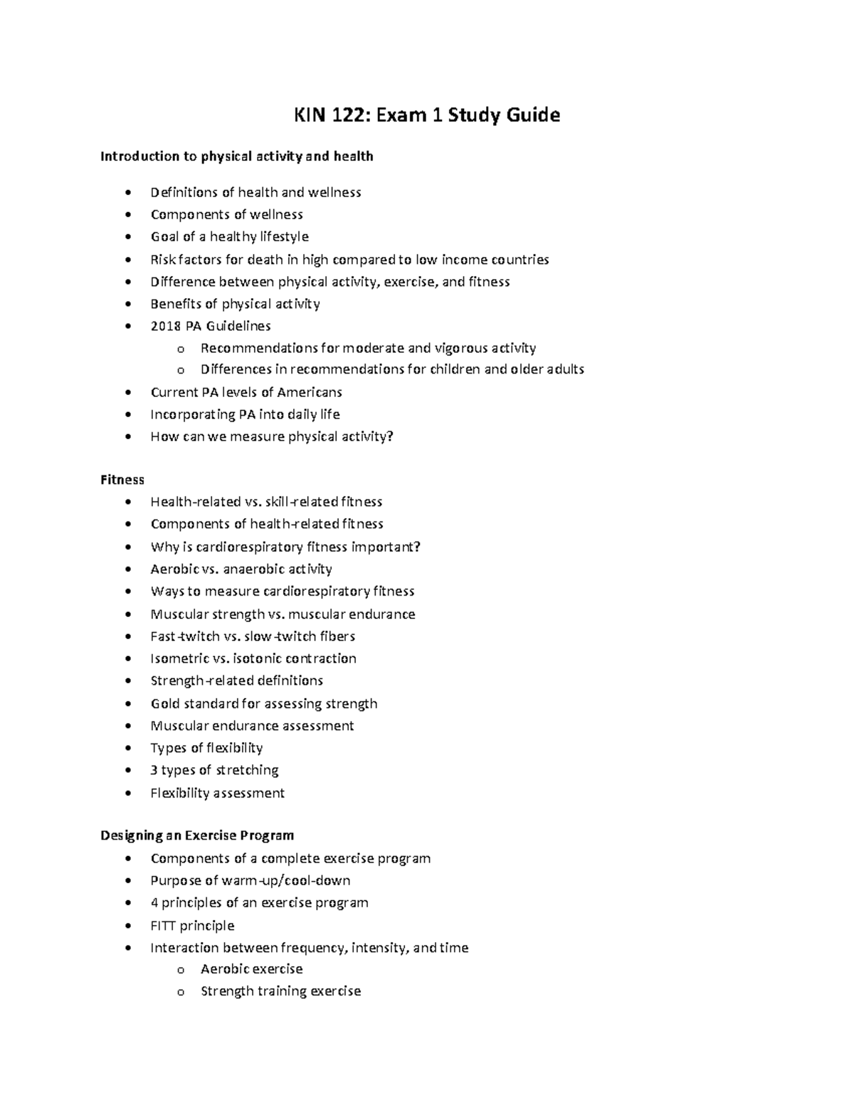 KIN122-Exam 1 Study Guide-Fall 2022-student - KIN 122: Exam 1 Study ...