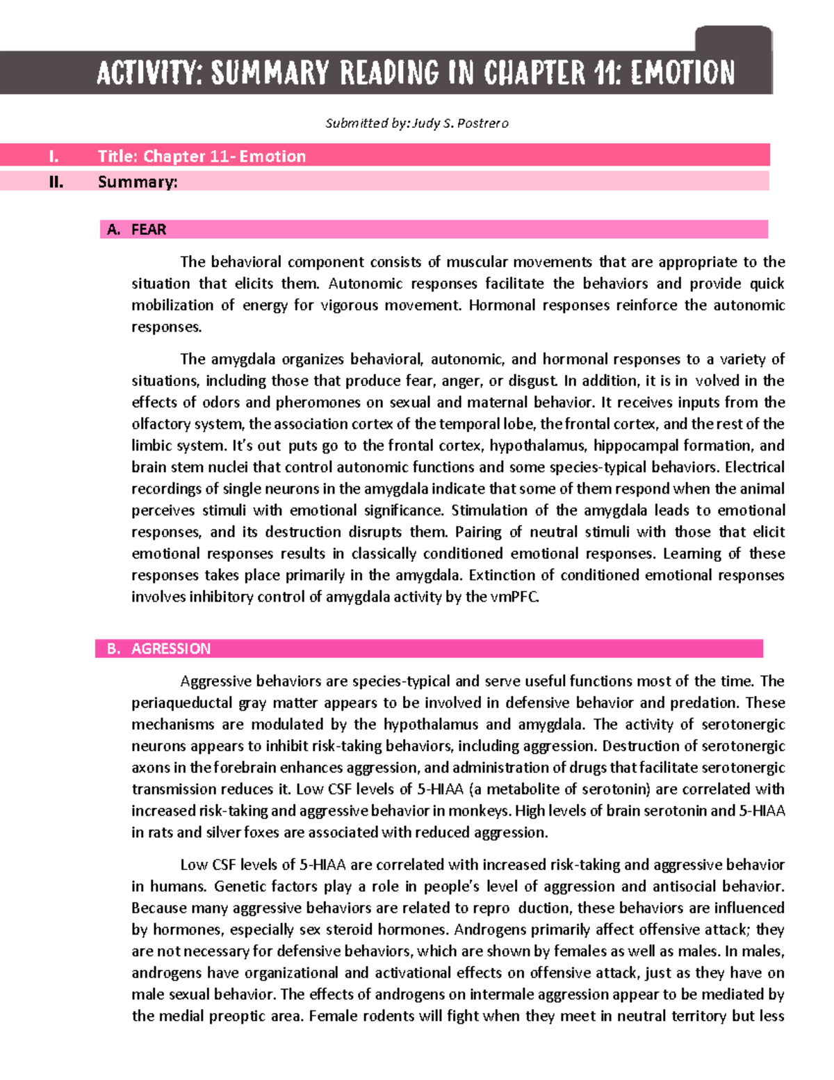 Chap11 Summary In Physiological Psychology - ACTIVITY: SUMMARY READING ...