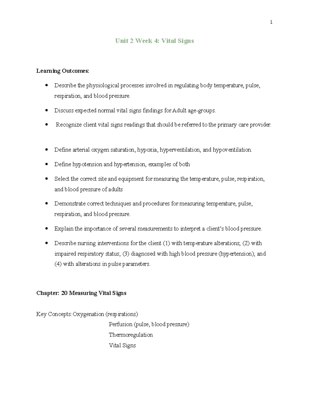 Unit 2 Week 4 Vital Signs - Unit 2 Week 4: Vital Signs Learning ...