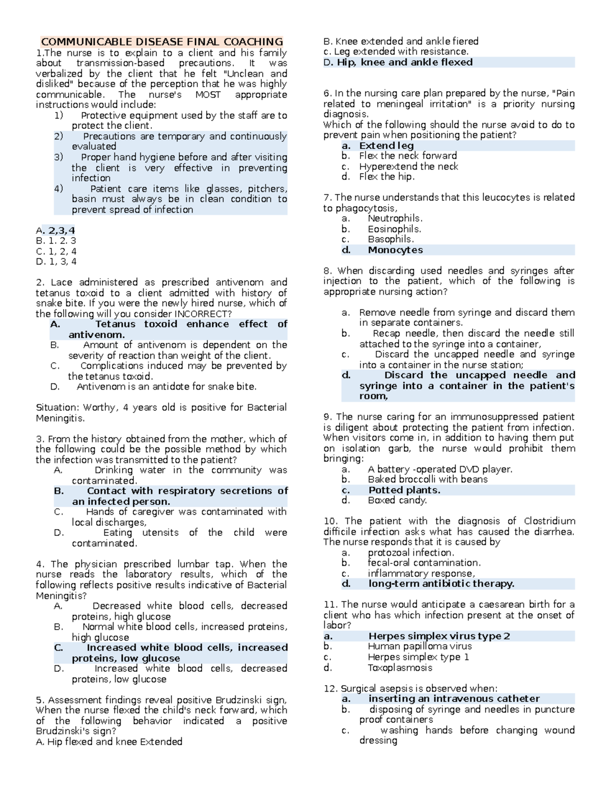 Communicable Disease Final Coaching - COMMUNICABLE DISEASE FINAL ...