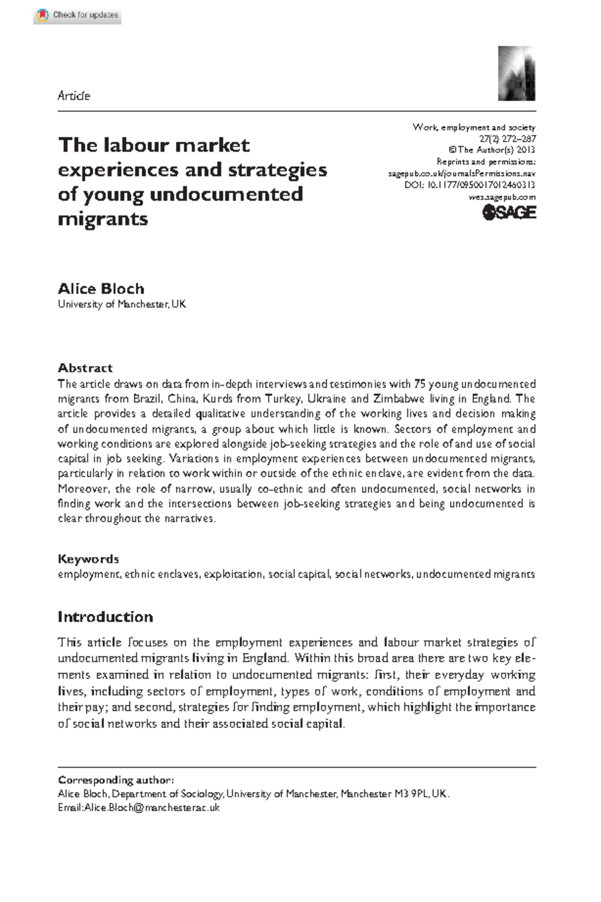 Bloch 2013 - Source for tut 7 and the full course. - Work, employment and society 27(2) 272 ...