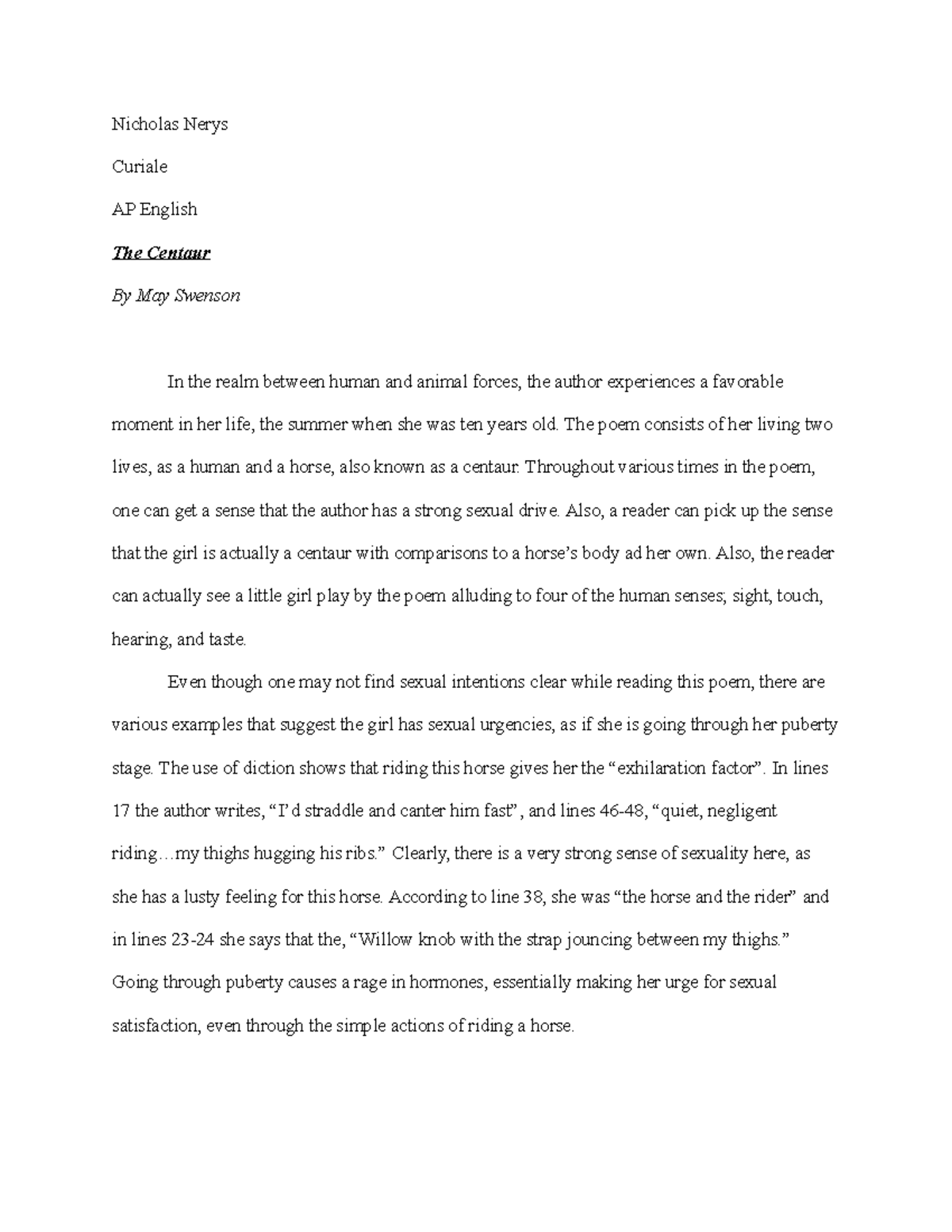 The Centaur poem-essay - Nicholas Nerys Curiale AP English The Centaur ...