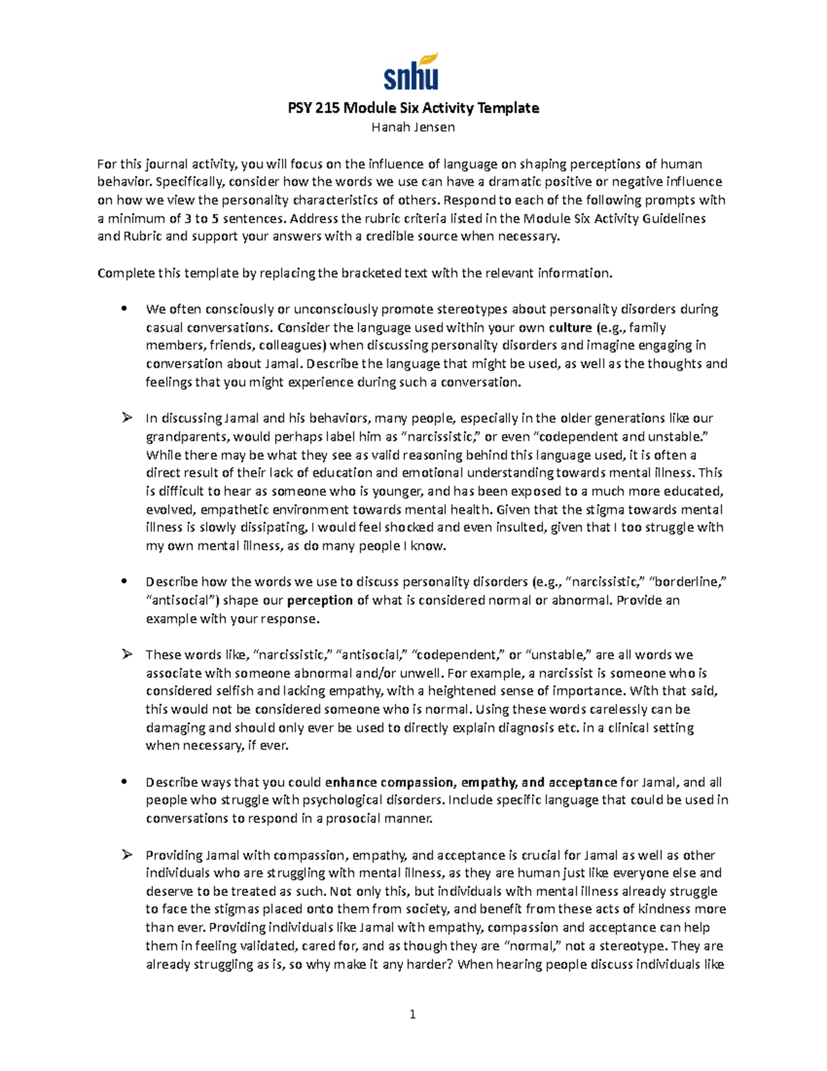PSY 215 Module Six Activity Template - PSY 215 Module Six Activity ...