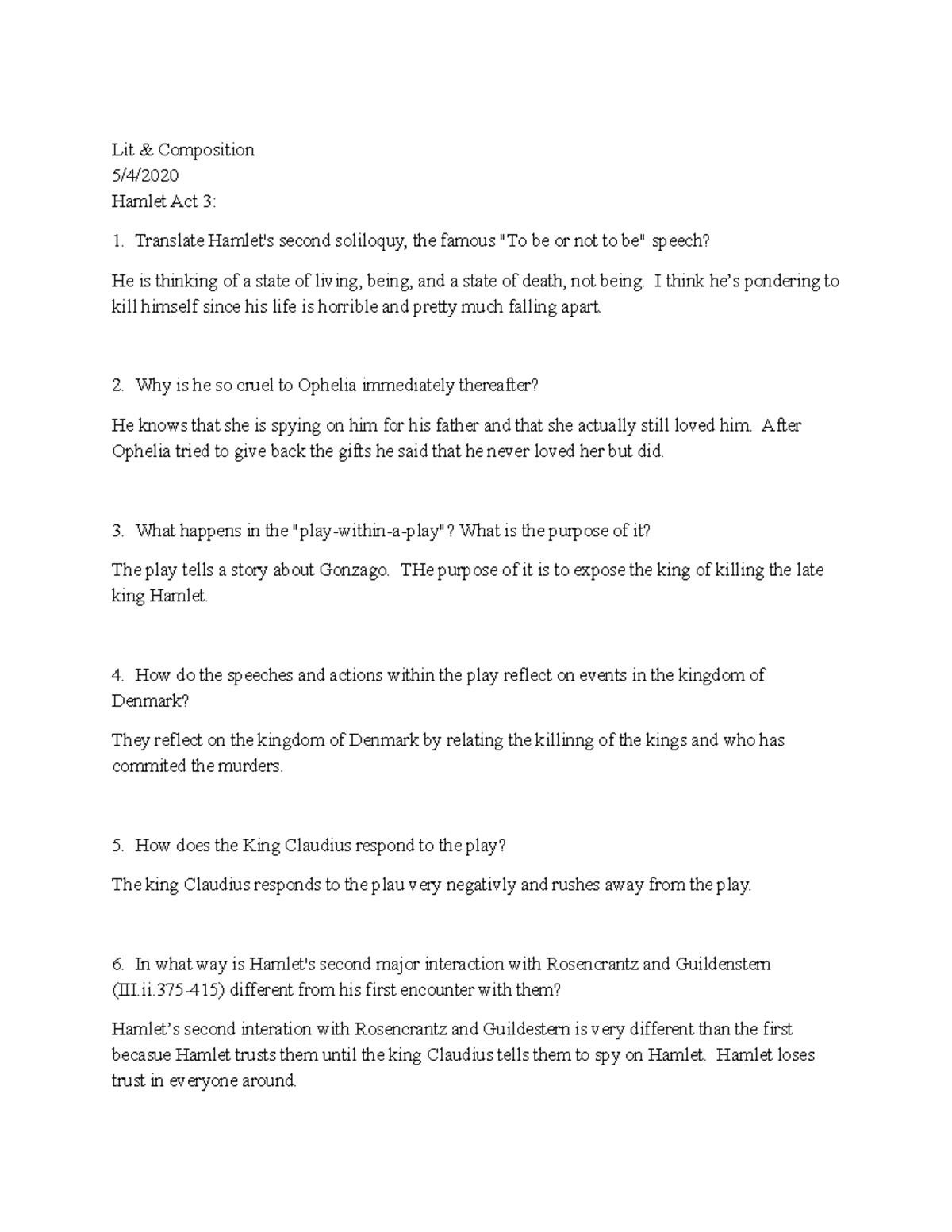 Hamlet Act 3 - Lit & Composition 5/4/ Hamlet Act 3: Translate Hamlet's ...