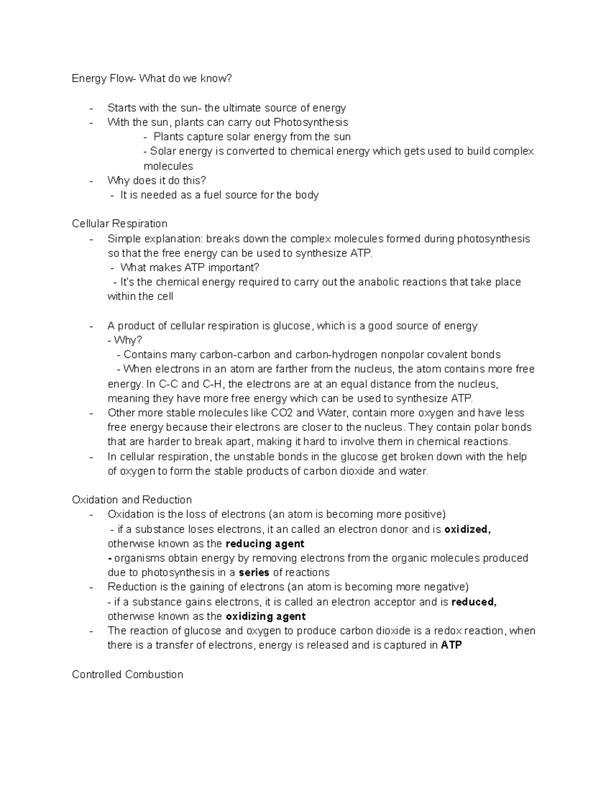 Cellular Respiration - Energy Flow- What do we know? - Starts with the ...