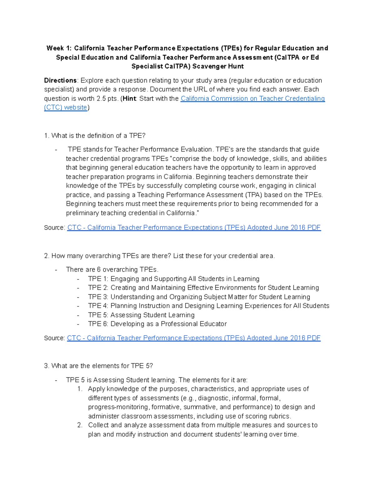 California TPEs and CalTPA Scavenger Hunt Guide - Elaine Tellez Week 1 ...