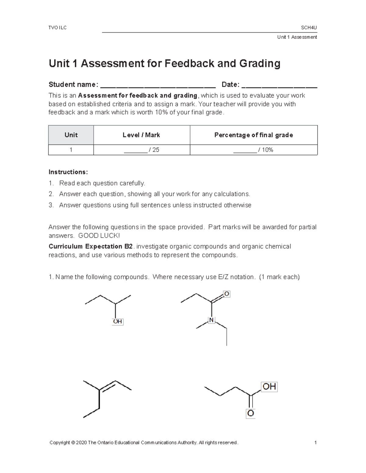 Unit-1 - Chemistry practice papers - Unit 1 Assessment for Feedback and ...