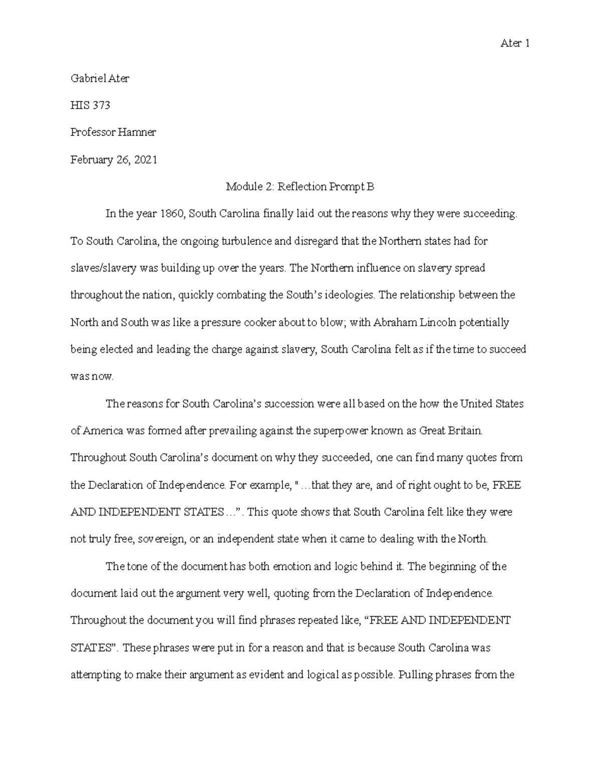 HIS 373 Module 2 Reflection - Ater 1 Gabriel Ater HIS 373 Professor ...