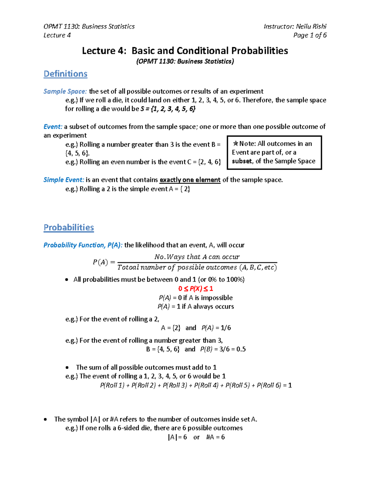 Basic and Conditional Probabilities Lecture 4 Solutions OPMT 1130 ...