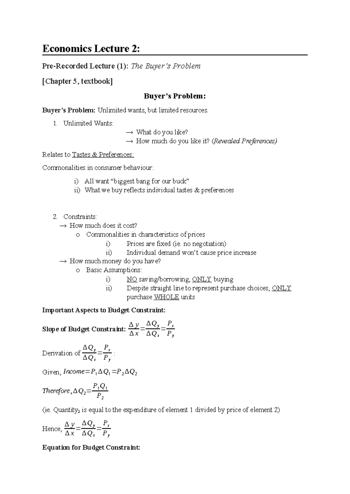 Econ. Class Notes (Week 2) - Economics Lecture 2: Pre-Recorded Lecture ...
