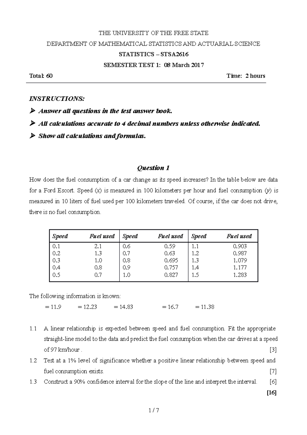 Test1-2017 - helpful - THE UNIVERSITY OF THE FREE STATE DEPARTMENT OF ...