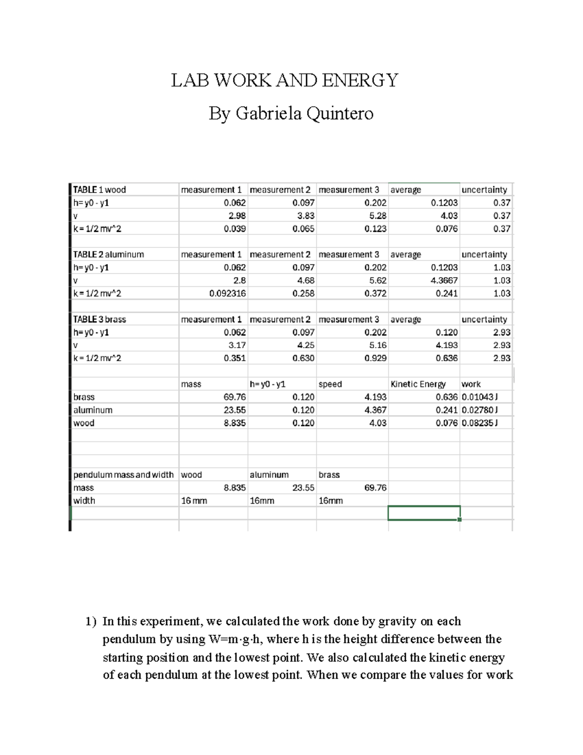 Work and energy lab - Shells and vectors - MAC 2311 - LAB WORK AND ...
