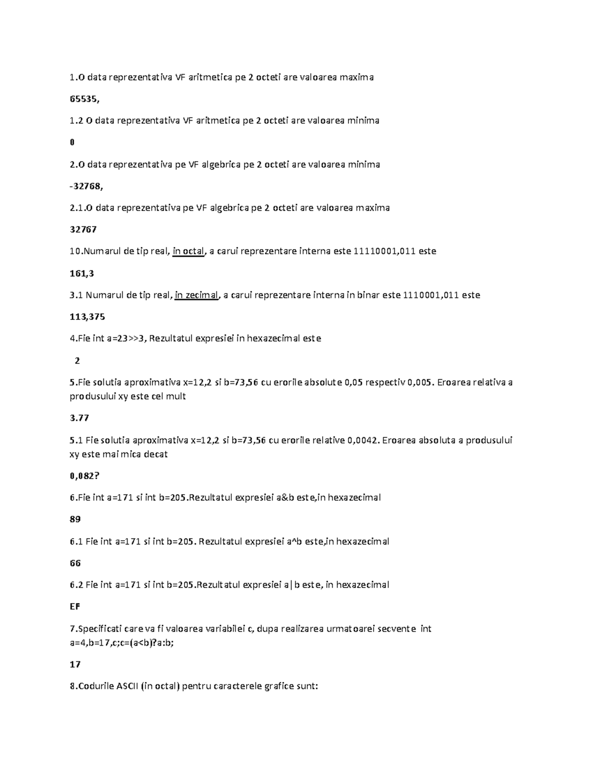 BAZELE PROGRAMARII -EXERCITII - 1 data reprezentativa VF aritmetica pe ...