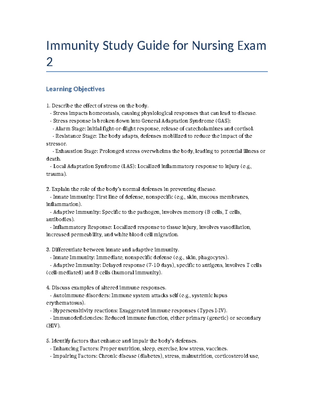Immunity Study Guide Nursing Exam 2 - Immunity Study Guide for Nursing Exam 2 Learning ...