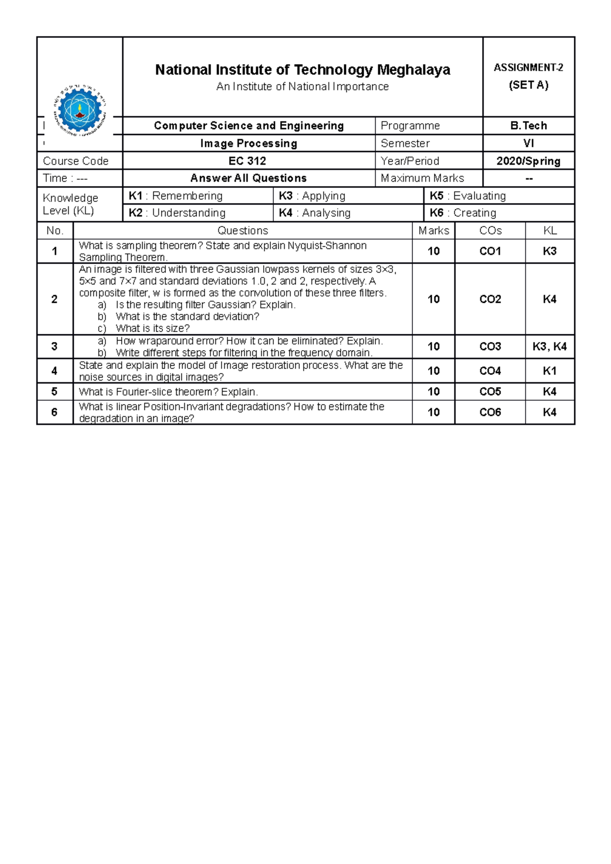 Assignment 2 (SET A) - National Institute of Technology Meghalaya An ...