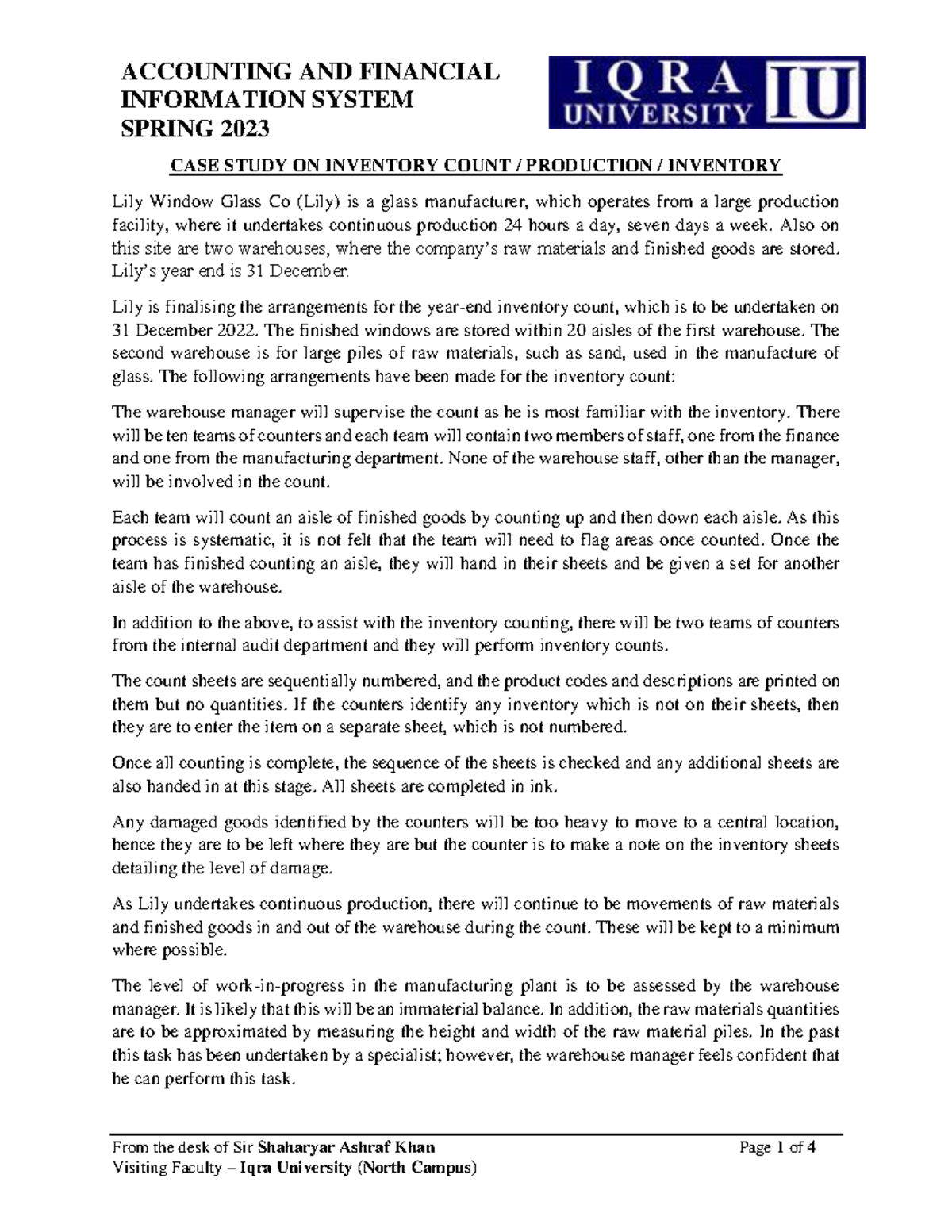 3.20 Case Study - Production Inventory with solution - INFORMATION SYSTEM SPRING 2023 From the ...