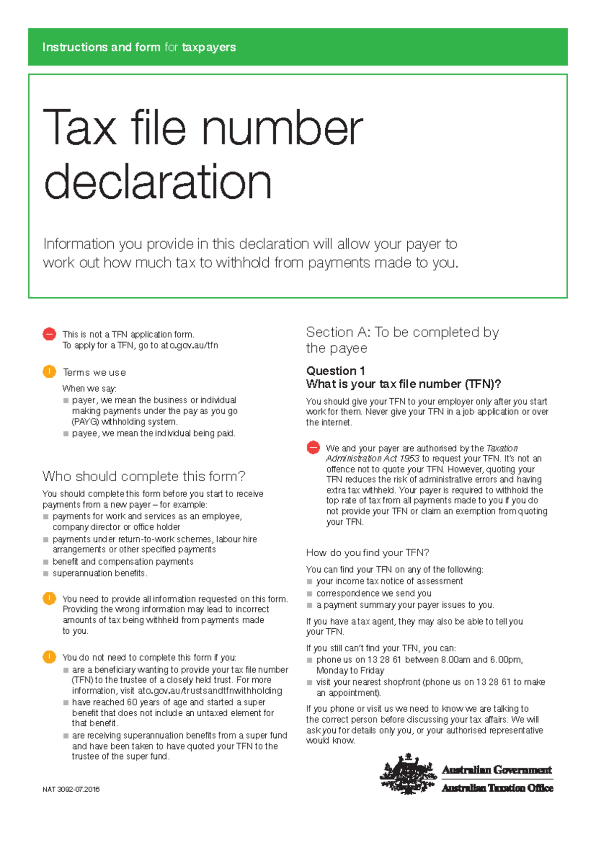 TFN declaration form - TFN form - NAT 3092-07. Instructions and form ...