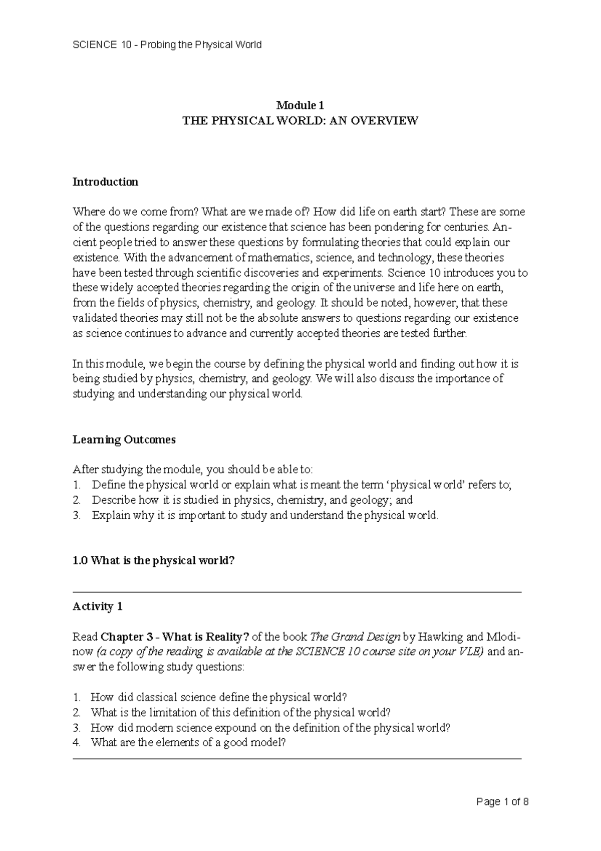 Week1Module 2_5 Science 10 Assignment Week 2 - Module 1 THE PHYSICAL ...