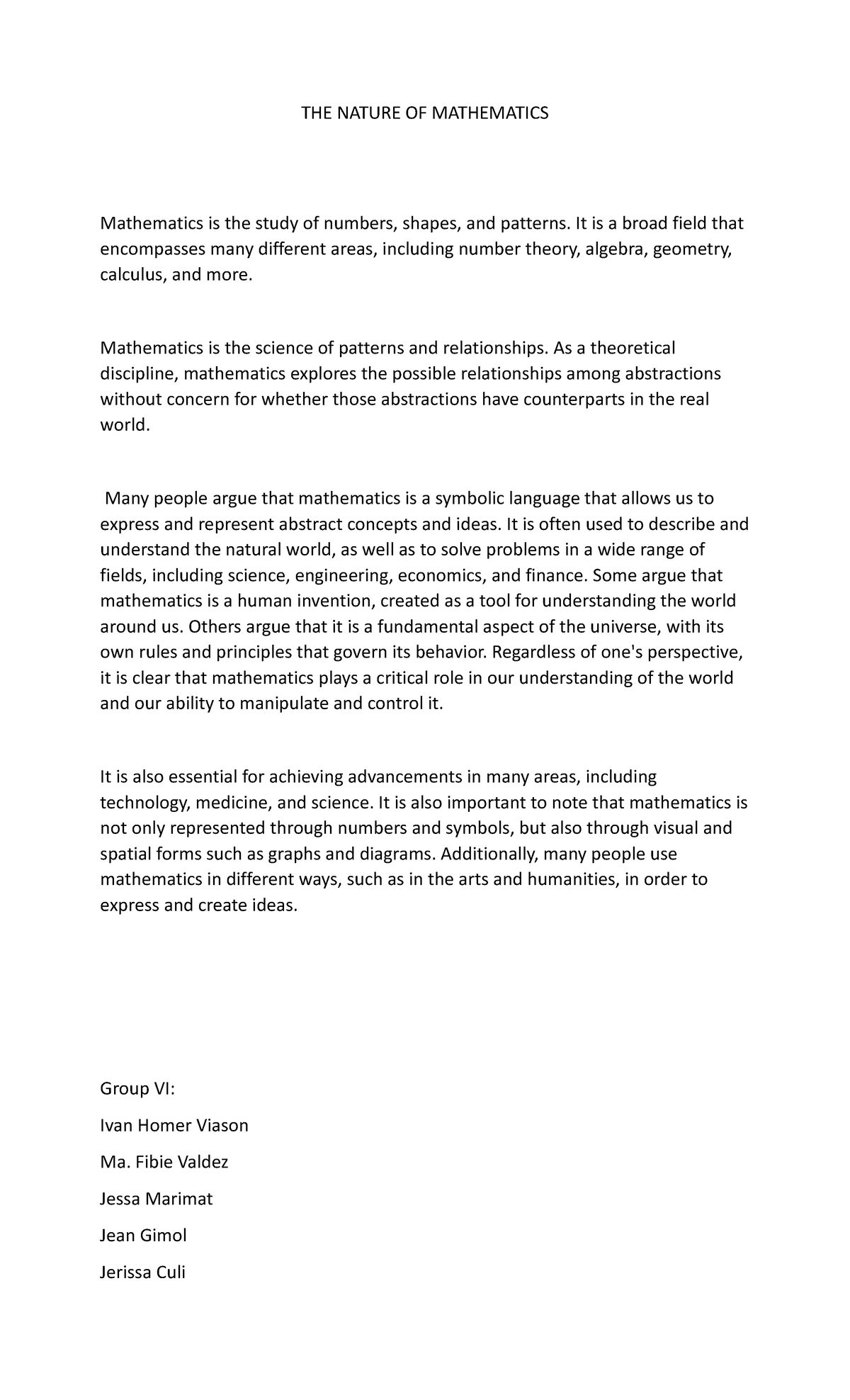 THE Nature OF Mathematics - THE NATURE OF MATHEMATICS Mathematics is ...