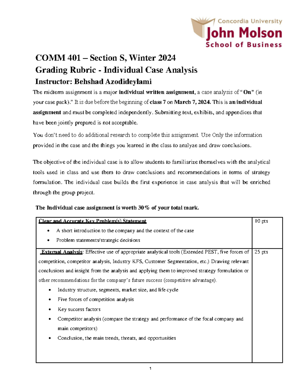 Midterm Guidelines - 1 COMM 401 – Section S, Winter 2024 Grading Rubric - Individual Case ...