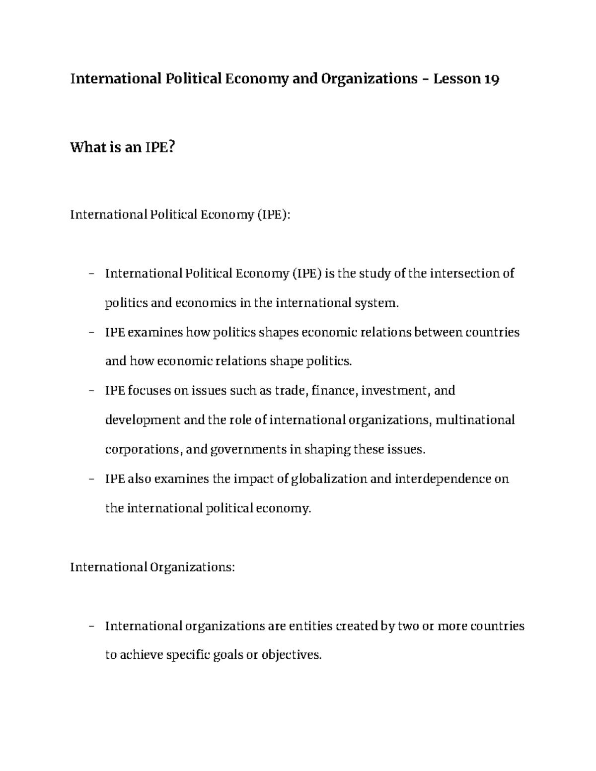 PS 19 - International Political Economy and Orgs - International ...