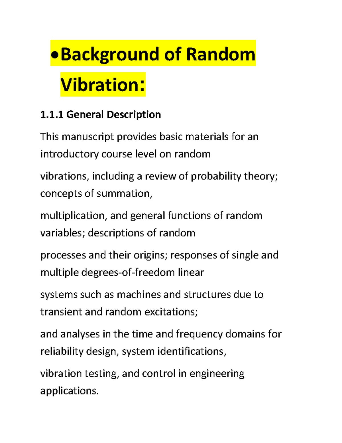 Background of Random Vibration - 1 General Description This manuscript ...