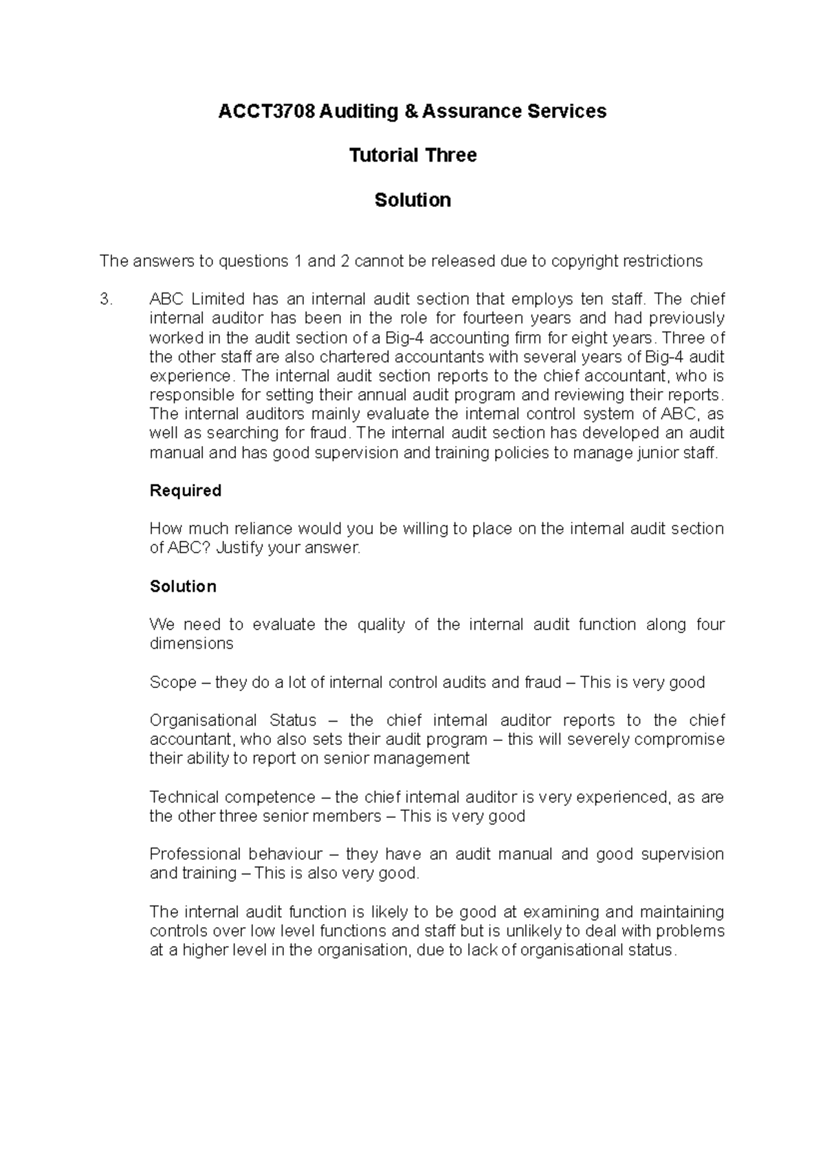 Tutorial Questions Week 3 ( Solution) - ACCT3708 Auditing & Assurance ...