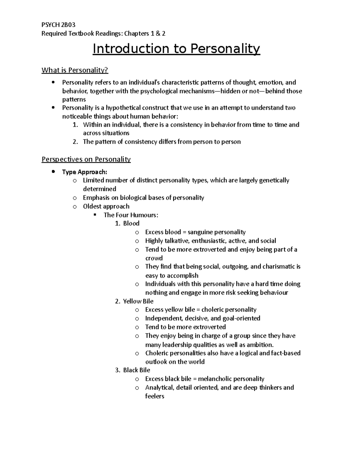 Psych 2B03 - Intro to Personality - PSYCH 2B Required Textbook Readings ...