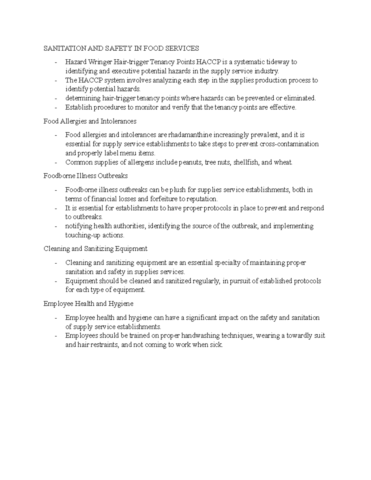 Sanitation AND Safety IN FOOD Services Notes 2 - SANITATION AND SAFETY ...