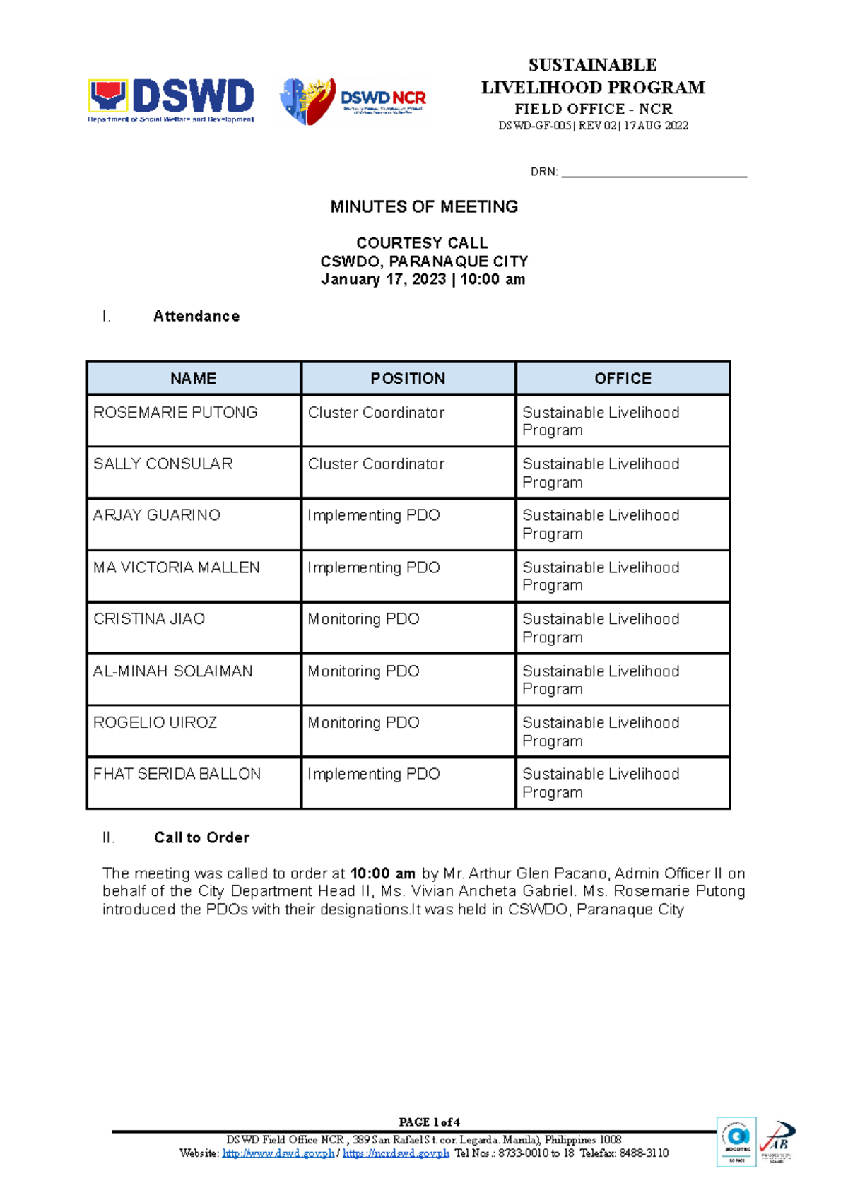 2022011 7 Feedback Report Courtesy CALL - SUSTAINABLE LIVELIHOOD ...