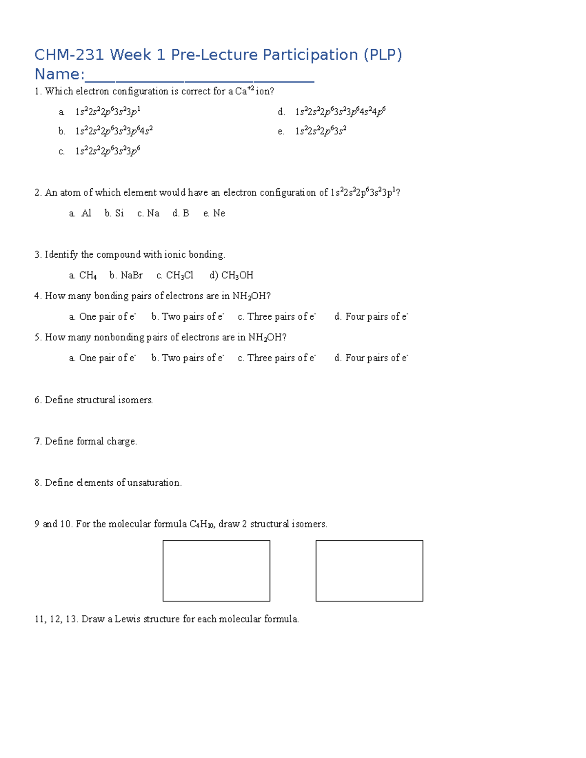 Week 1 PLP - practice for the first quiz - CHM-231 Week 1 Pre-Lecture ...