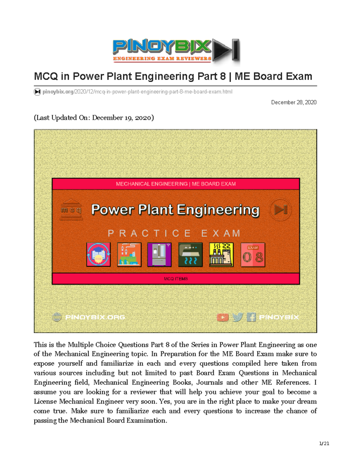 Pinoybix.org-MCQ in Power Plant Engineering Part 8 ME Board Exam - December 28, 2020 MCQ in ...