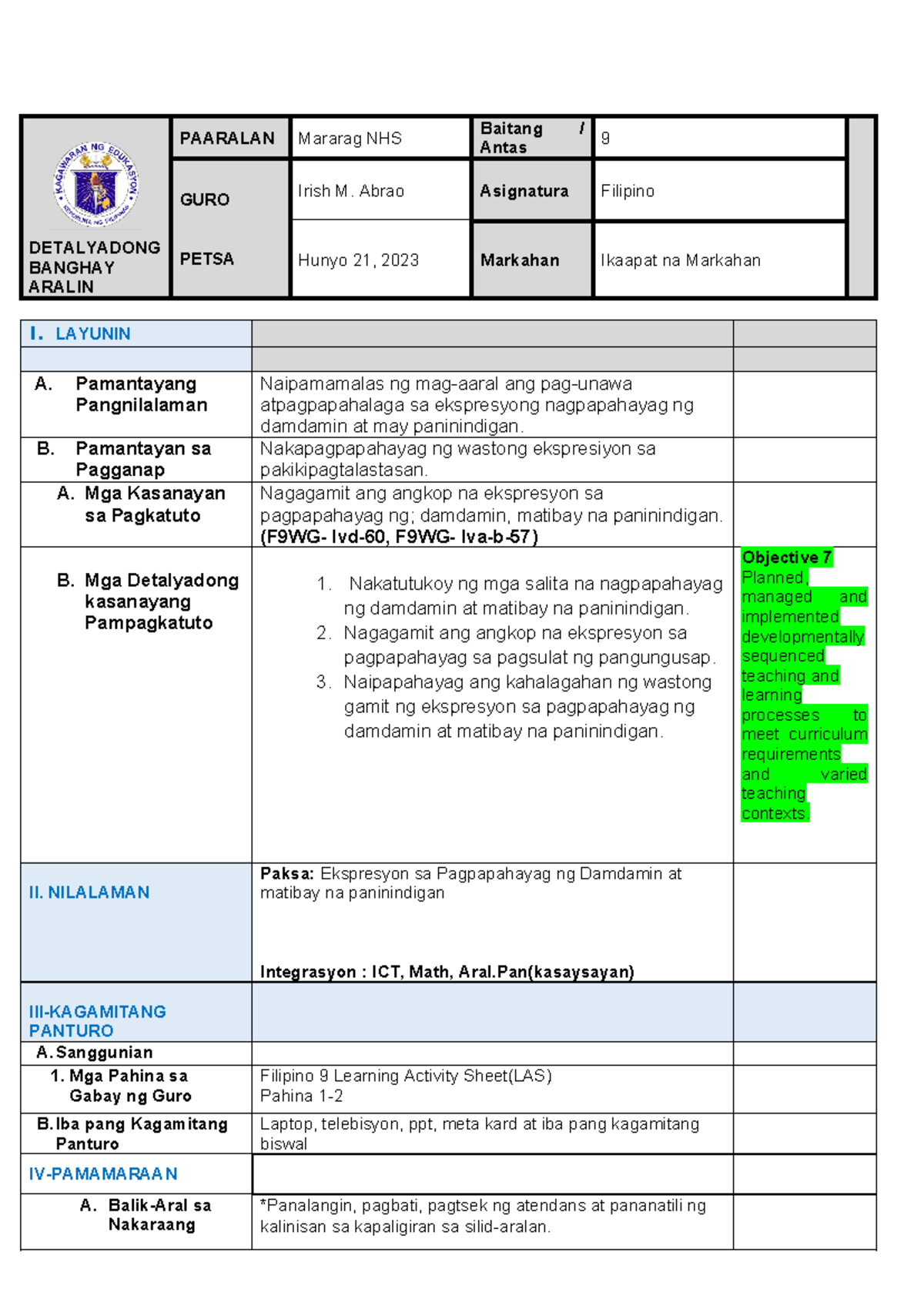 LP filipino 9-final - DETALYADONG BANGHAY ARALIN PAARALAN Mararag NHS ...