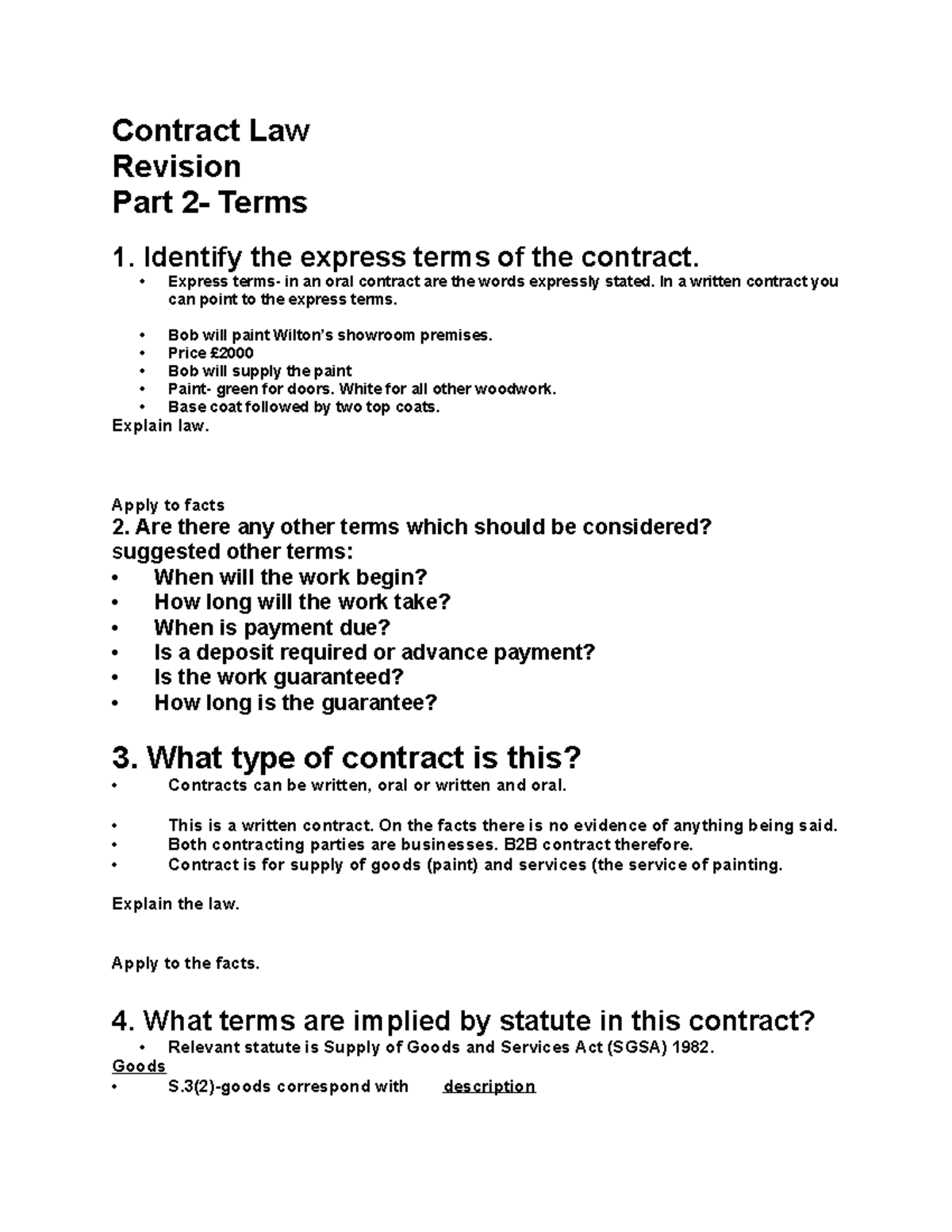Contract Law revision 2 part 2 - Contract Law Revision Part 2- Terms 1 ...