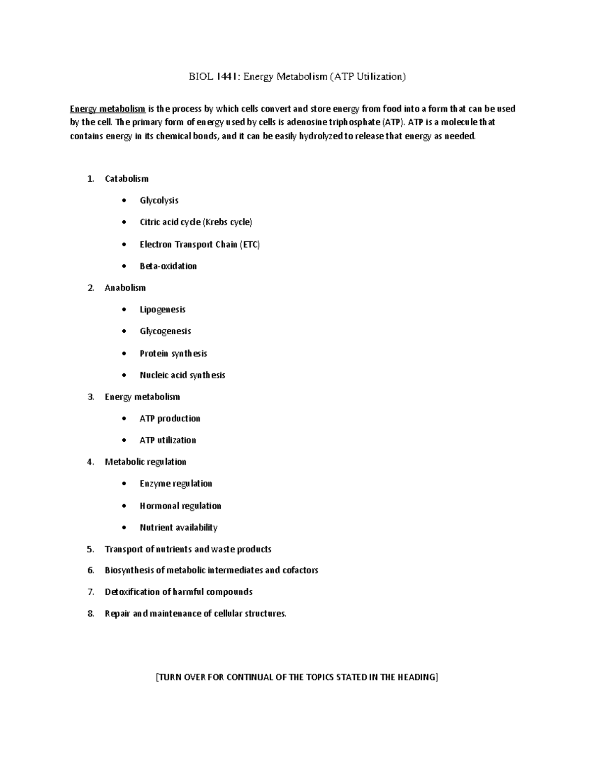 Energy Metabolism (ATP Utilization) + Exam Questions - BIOL 1441 ...