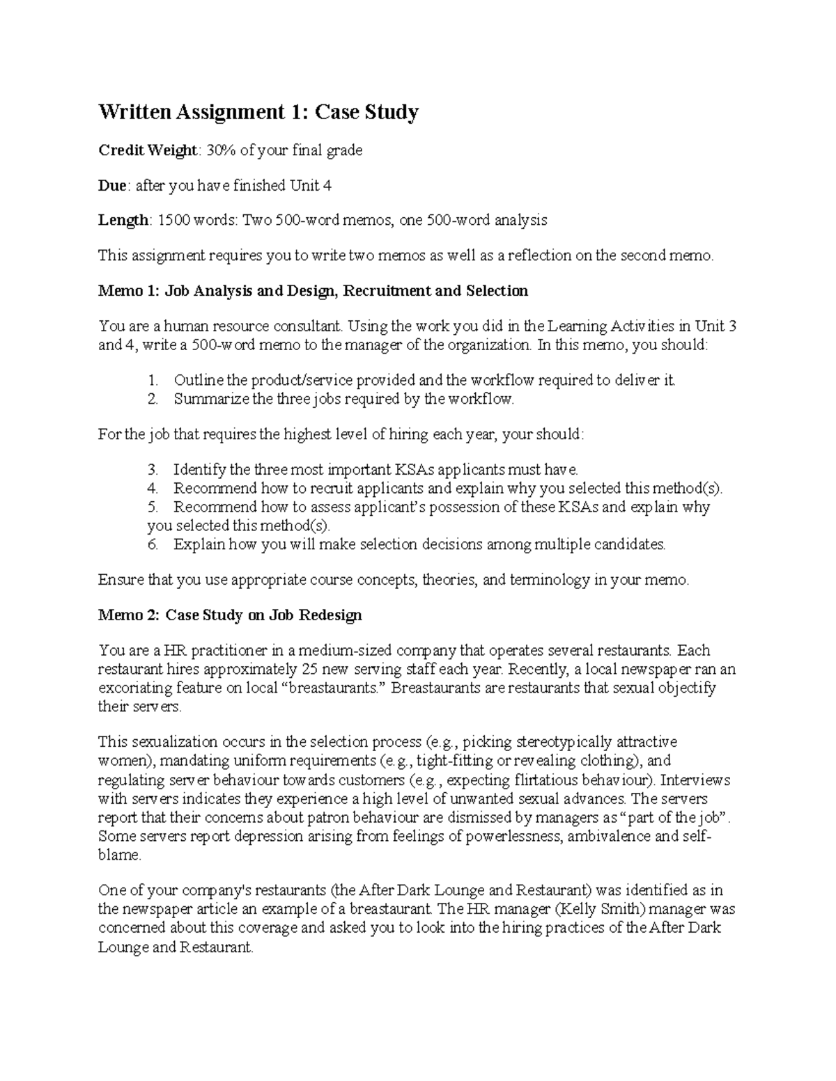 Assignment 1 Instructions - Written Assignment 1: Case Study Credit ...