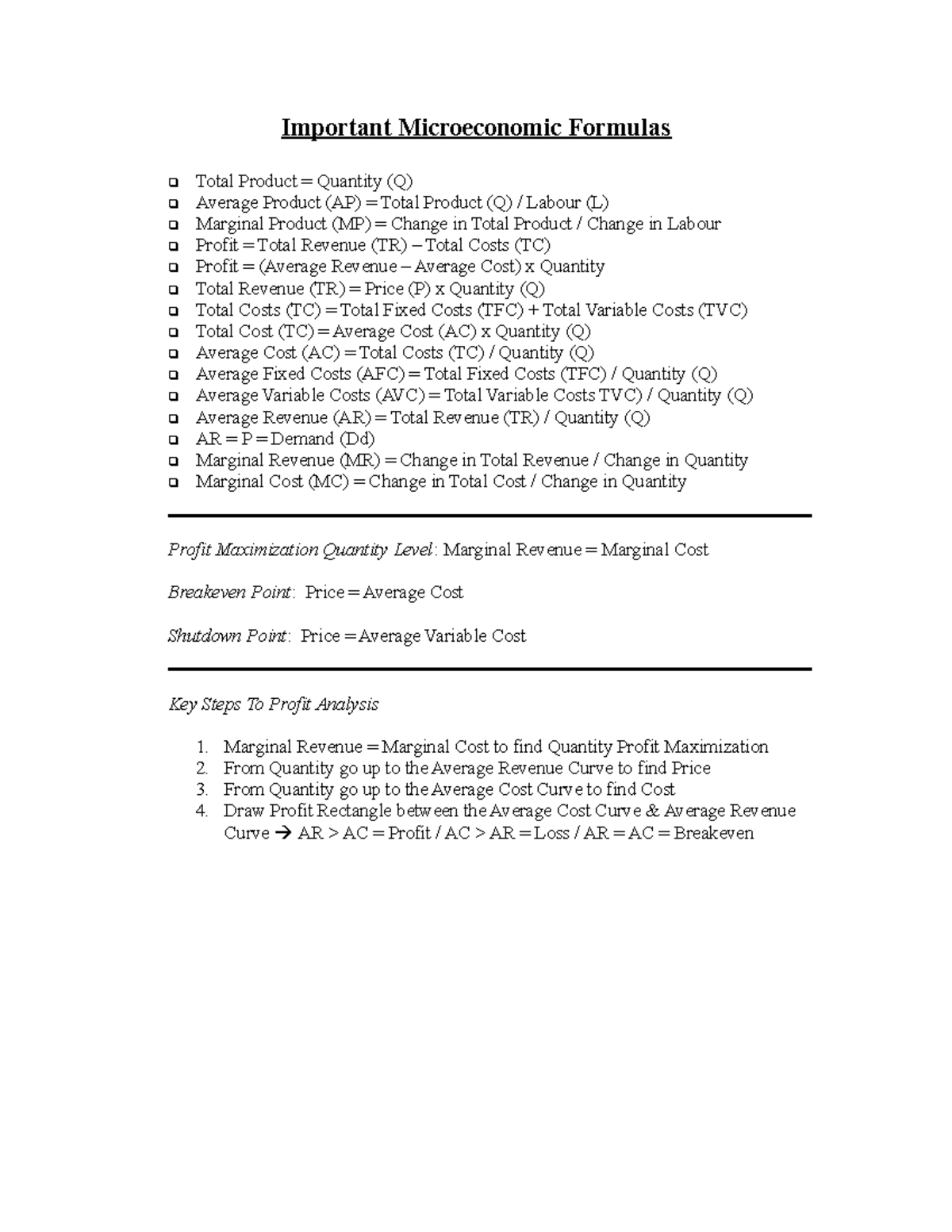 Microeconomics formulas - Important Microeconomic Formulas Total - Studocu