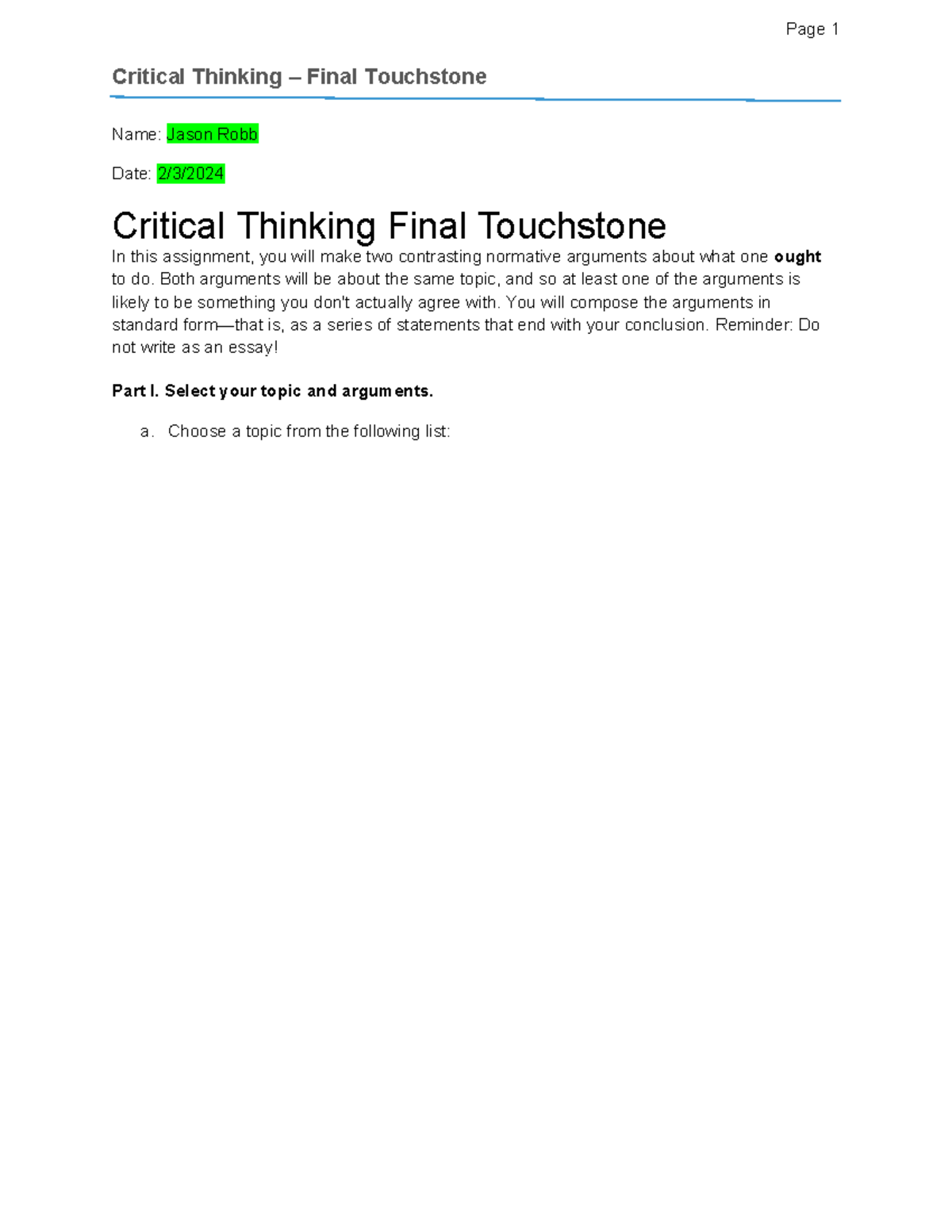 Critical Thinking Touchstone 1 - Critical Thinking – Final Touchstone ...