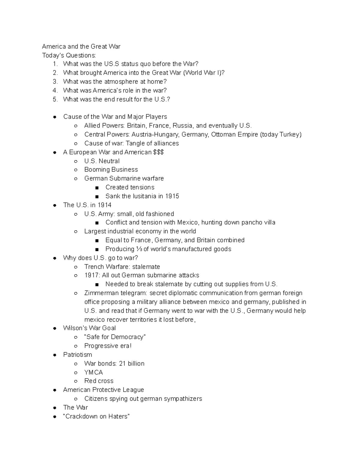 AMH2020 Study Guide Test 2 - America and the Great War Today’s ...