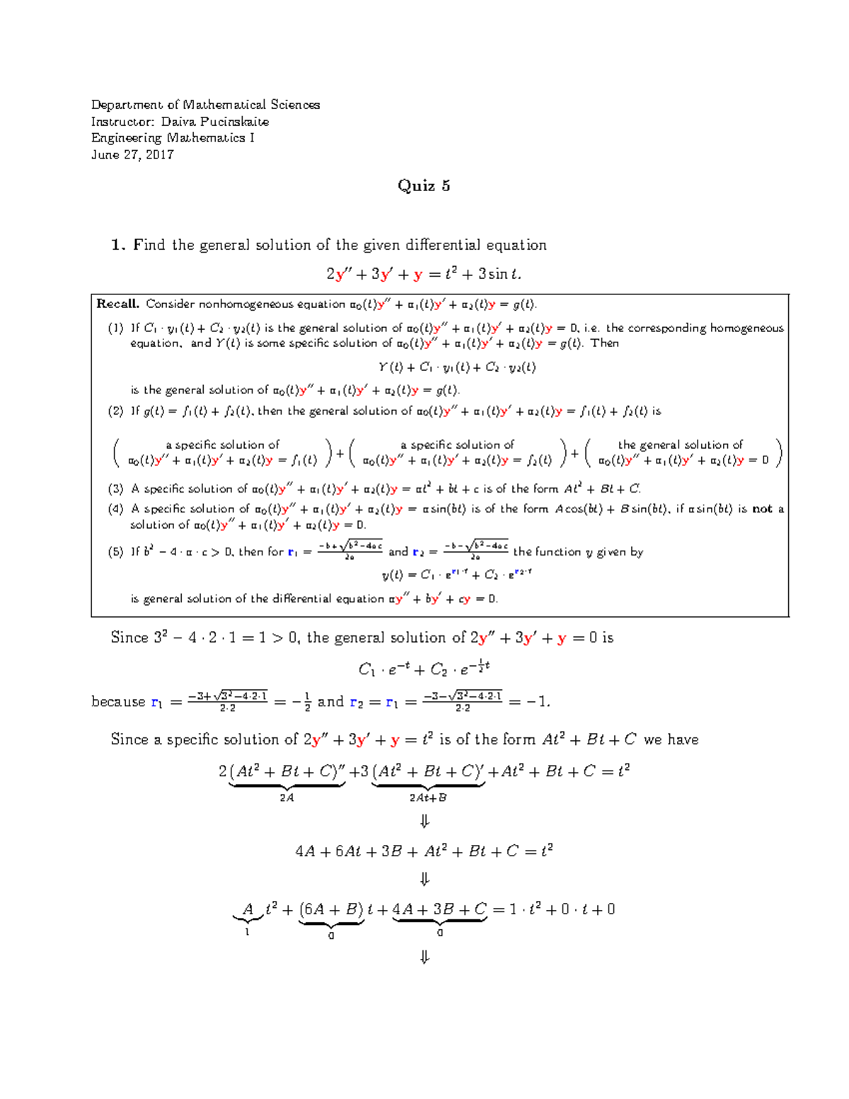 Engineering Mathematics Summer 2017 Quiz 5 Solution - Department of ...