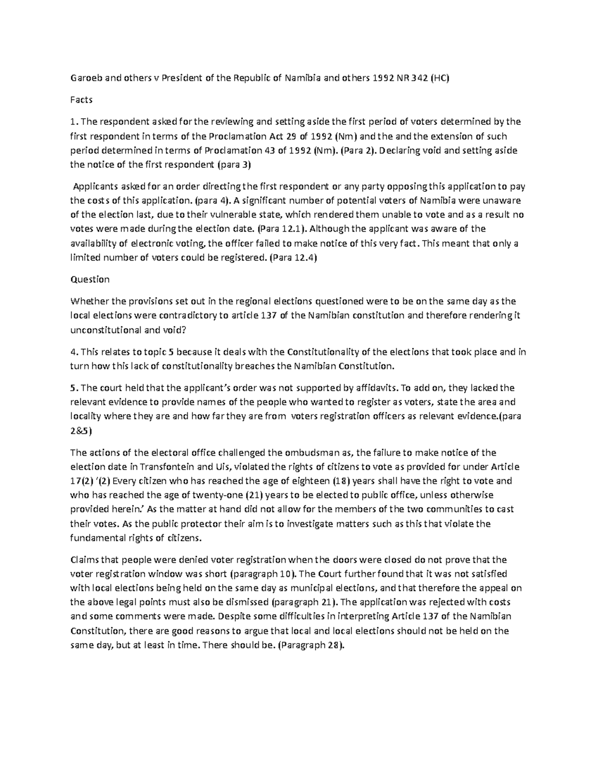 Workshop 9 - Garoeb and others v President of the Republic of Namibia ...