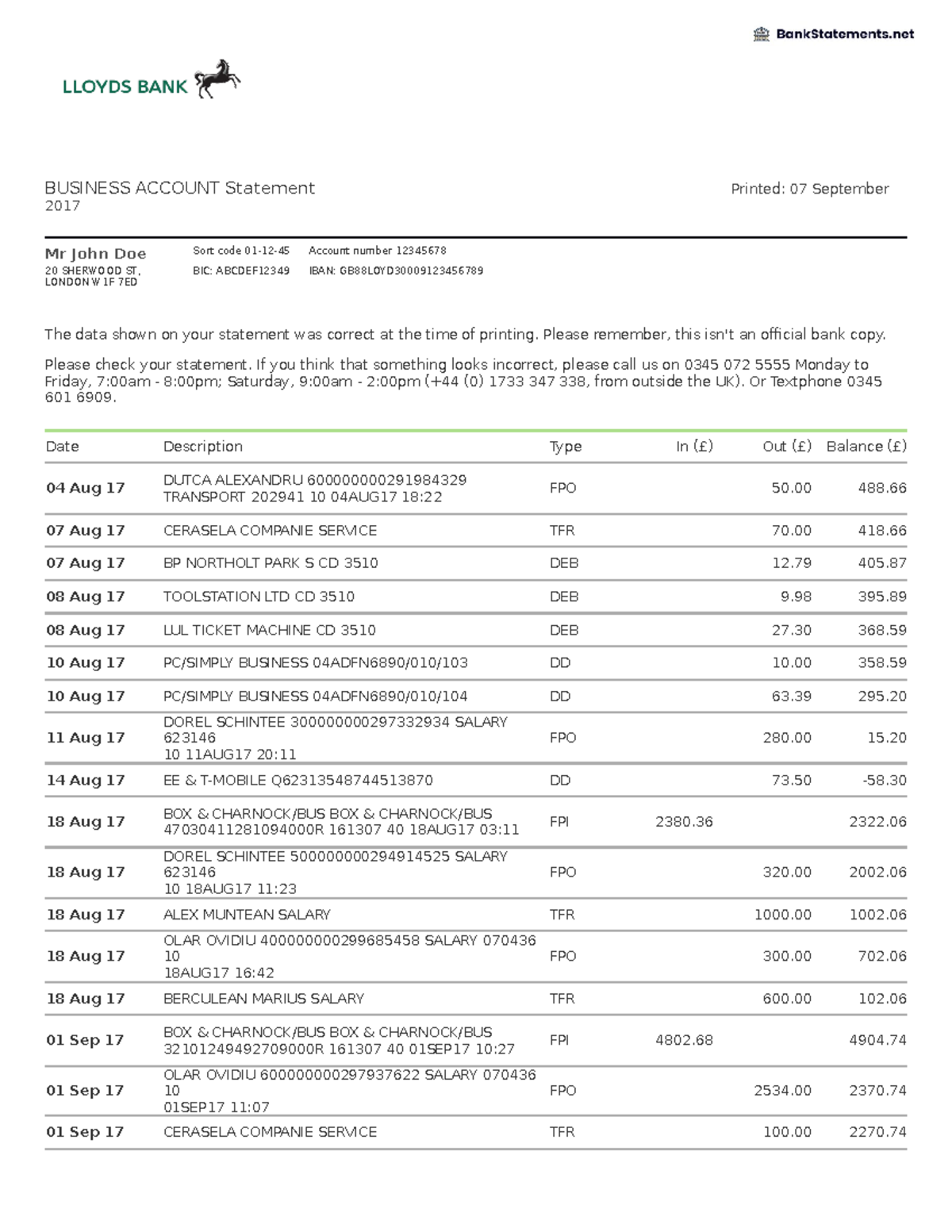 Business Bank Statement Lloyds Bank Bank Statements - BUSINESS ACCOUNT ...