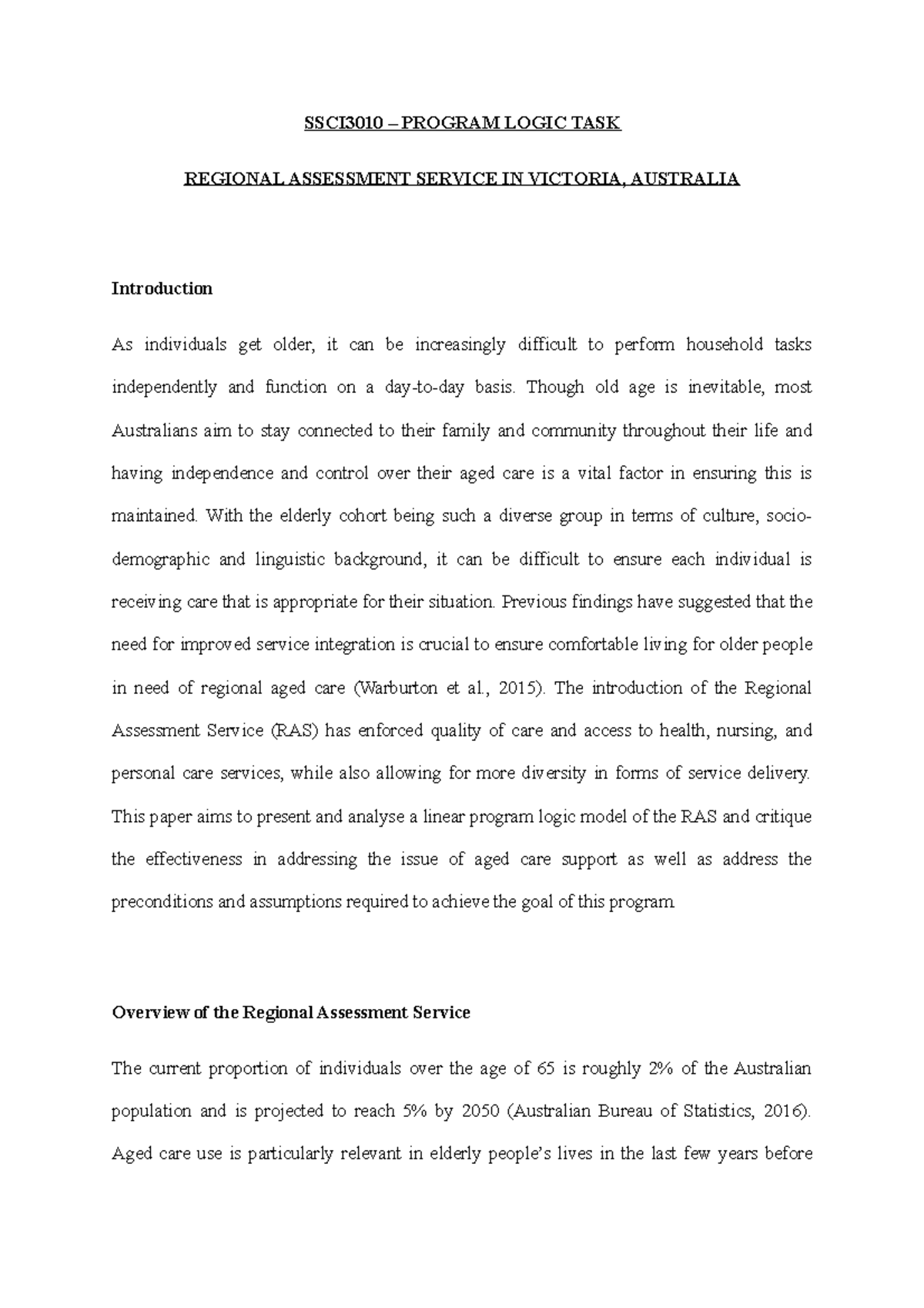 Program Logic TASK - SSCI3010 – PROGRAM LOGIC TASK REGIONAL ASSESSMENT ...