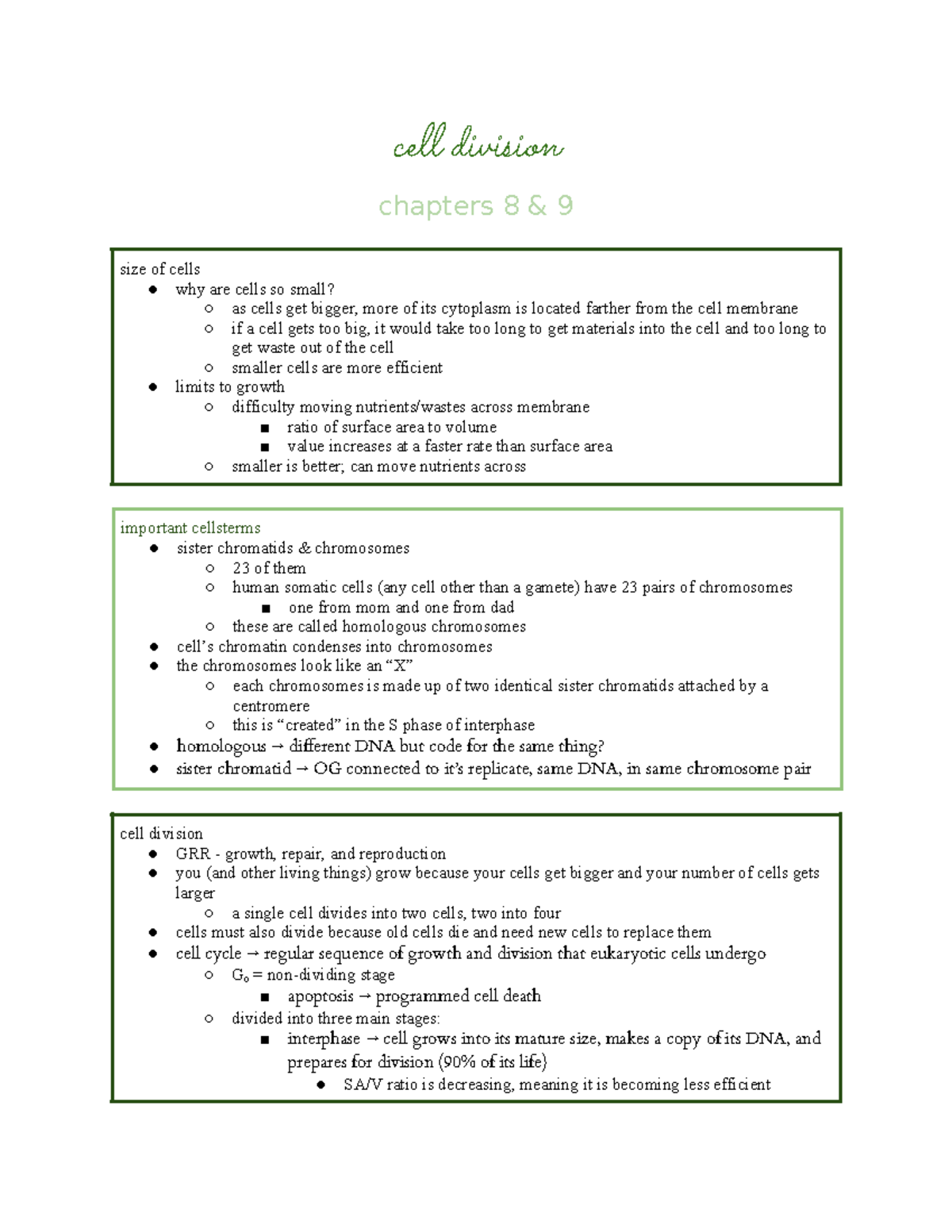 Cell Division Notes, ch 8 and 9 - cell division chapters 8 & 9 size of ...