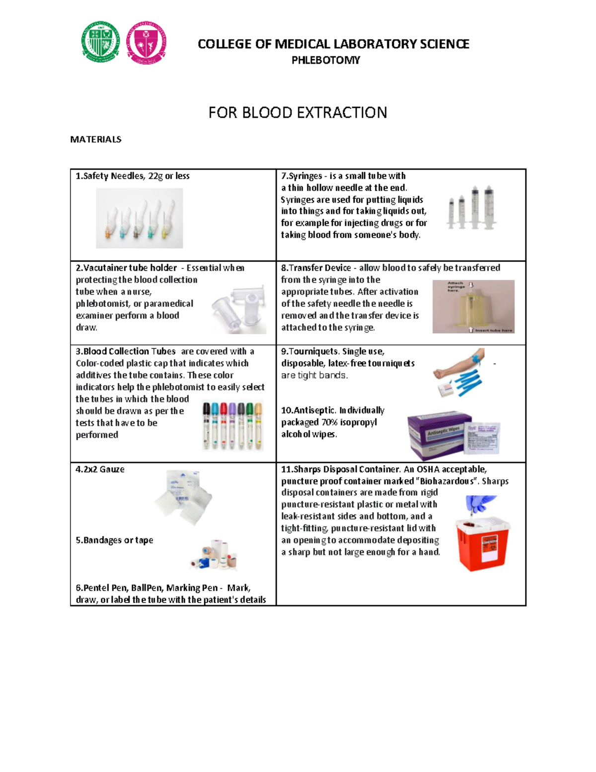 College of Medical Laboratory Science Blood Extraction - PHLEBOTOMY FOR ...