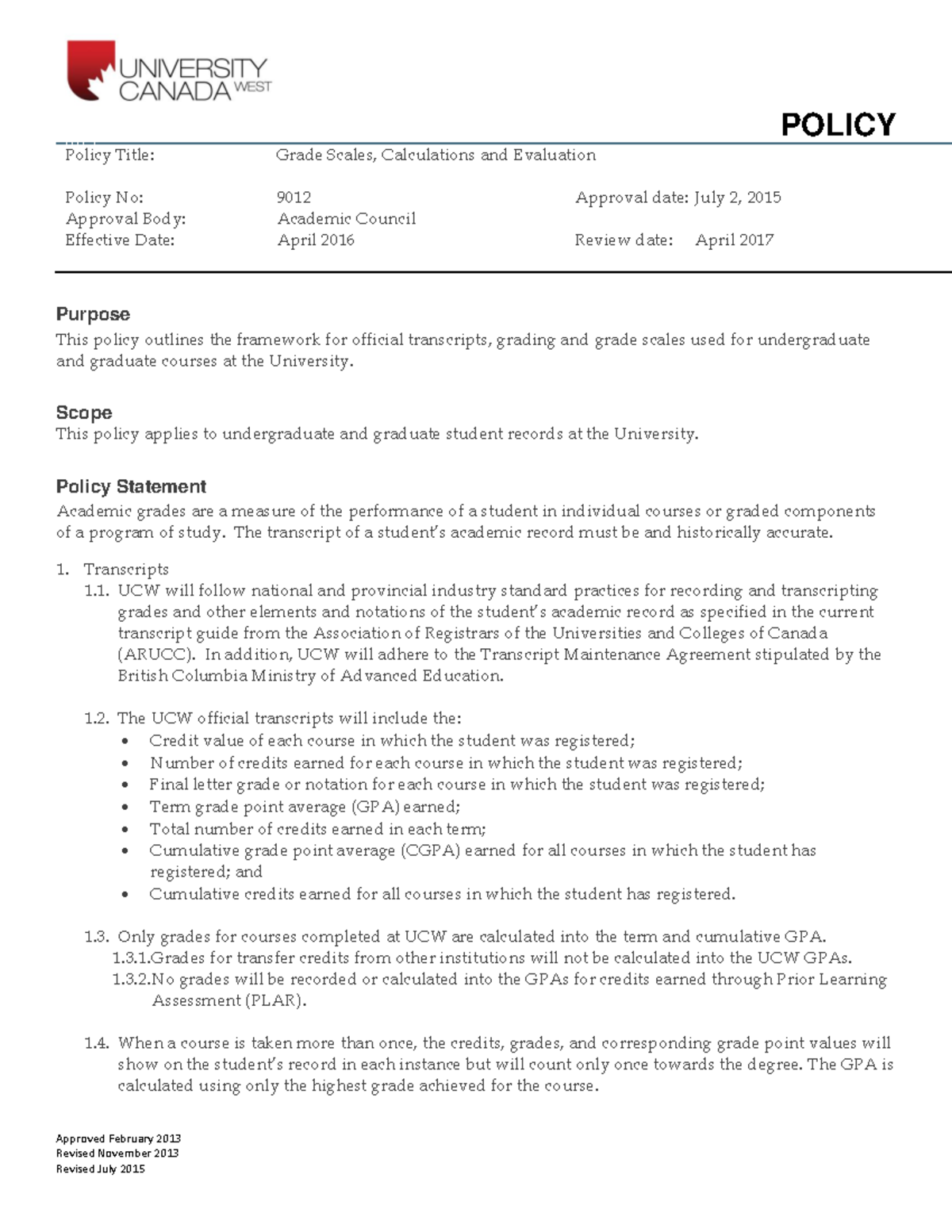 UCW 9012 Grade Scales Calculations and Evaluation Policy - Approved ...